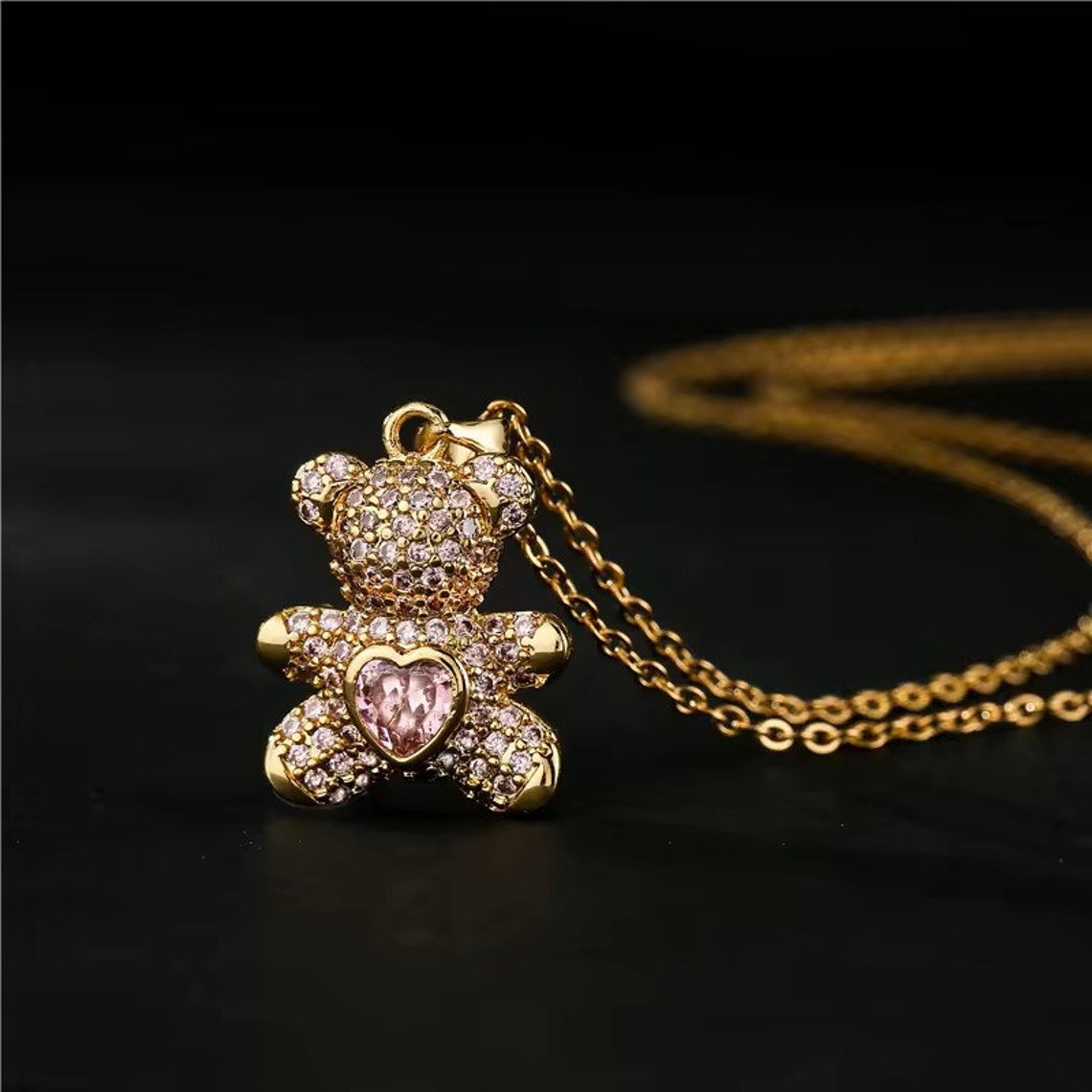 18k Gold Plated Teddy Bear Pendant Necklace With CZ Zircon Bling - Etsy