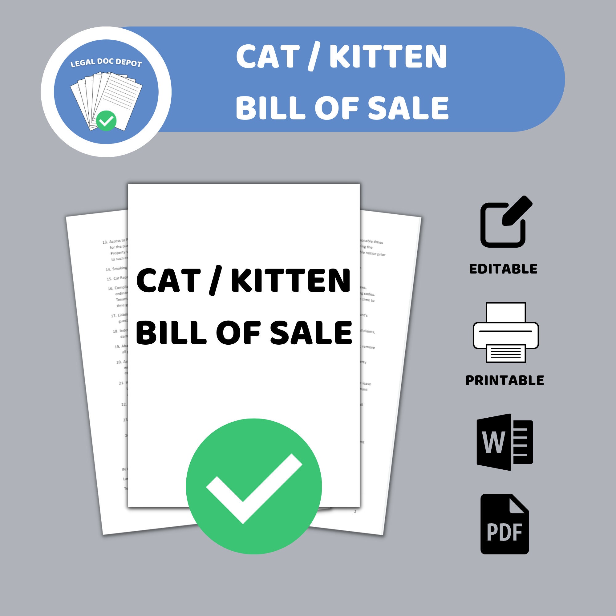Cat/kitten Bill of Sale in Word and PDF Formats/vet Bills / Pet Bill of ...