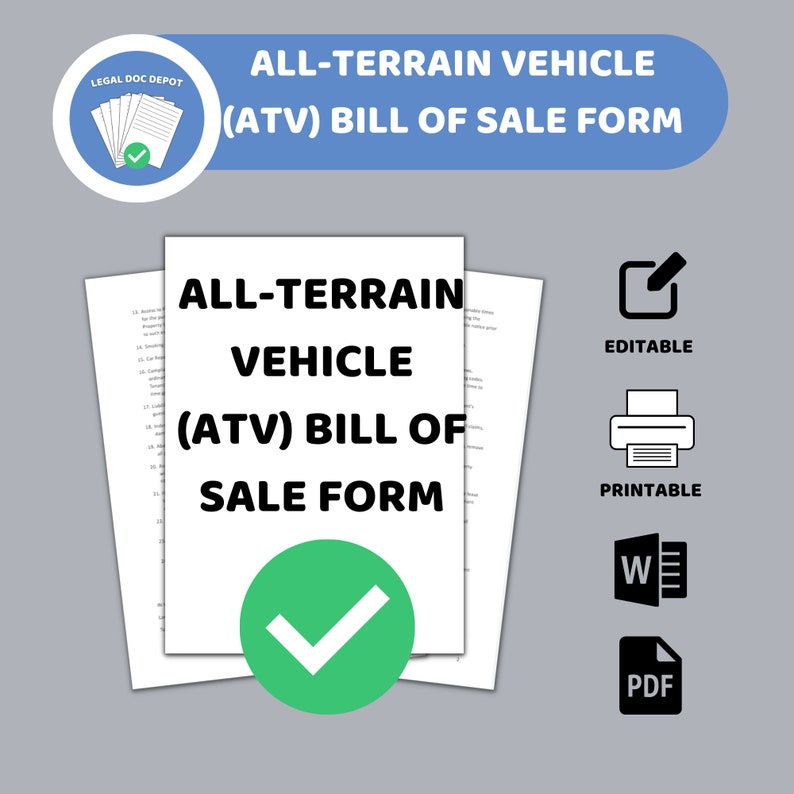 ATV Bill of Sale Forms / PDF and Word Document / All-terrain Vehicle ...