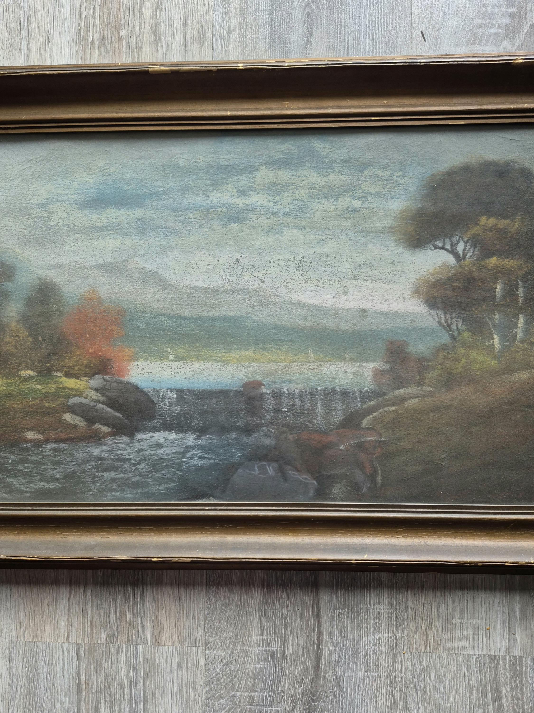 Antique Late 19th Century Pastel on Paper Pastoral Drawing 'cattle by ...