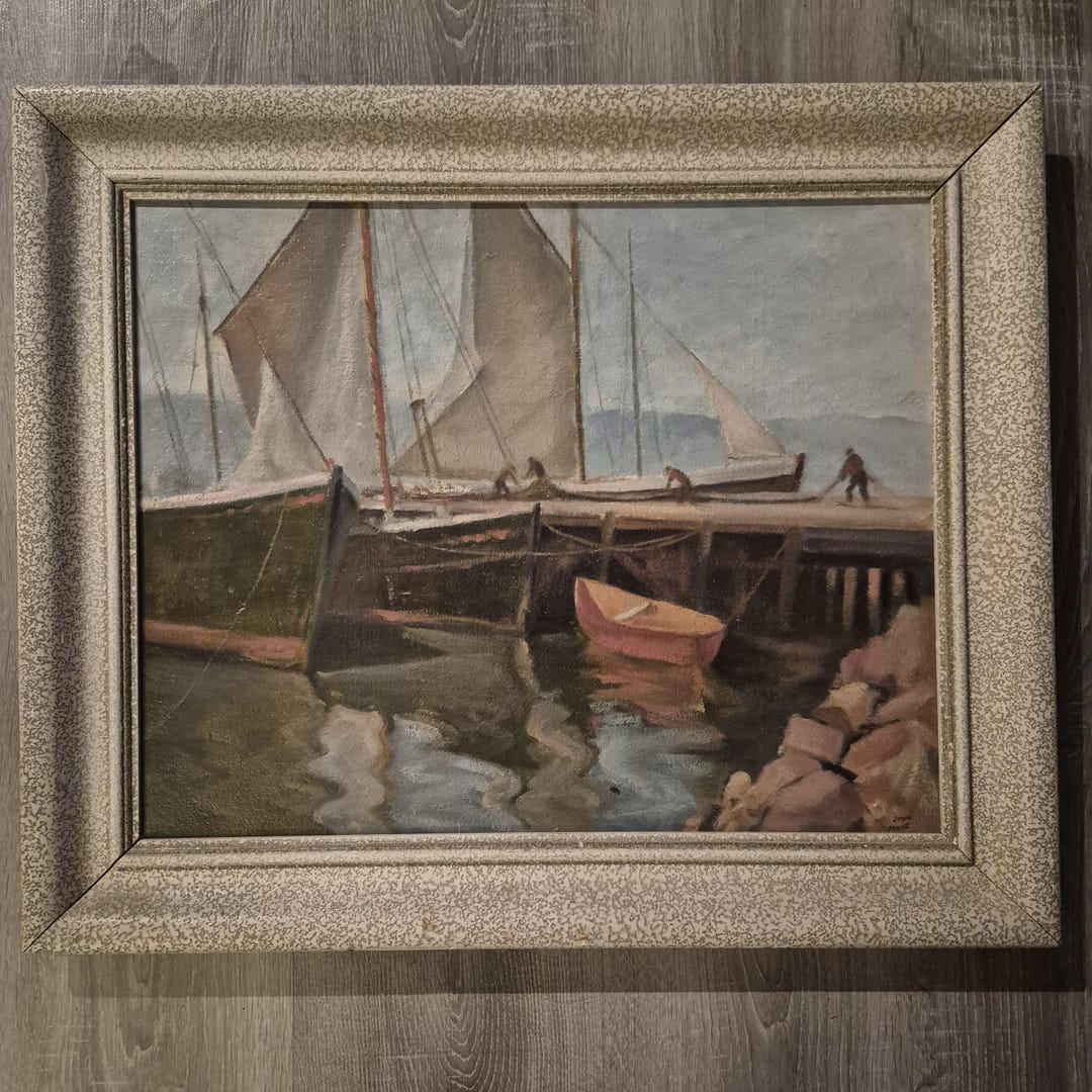 Nice Vintage Circa 1950's Oil on Panel Painting 'preparing the Nets' by ...