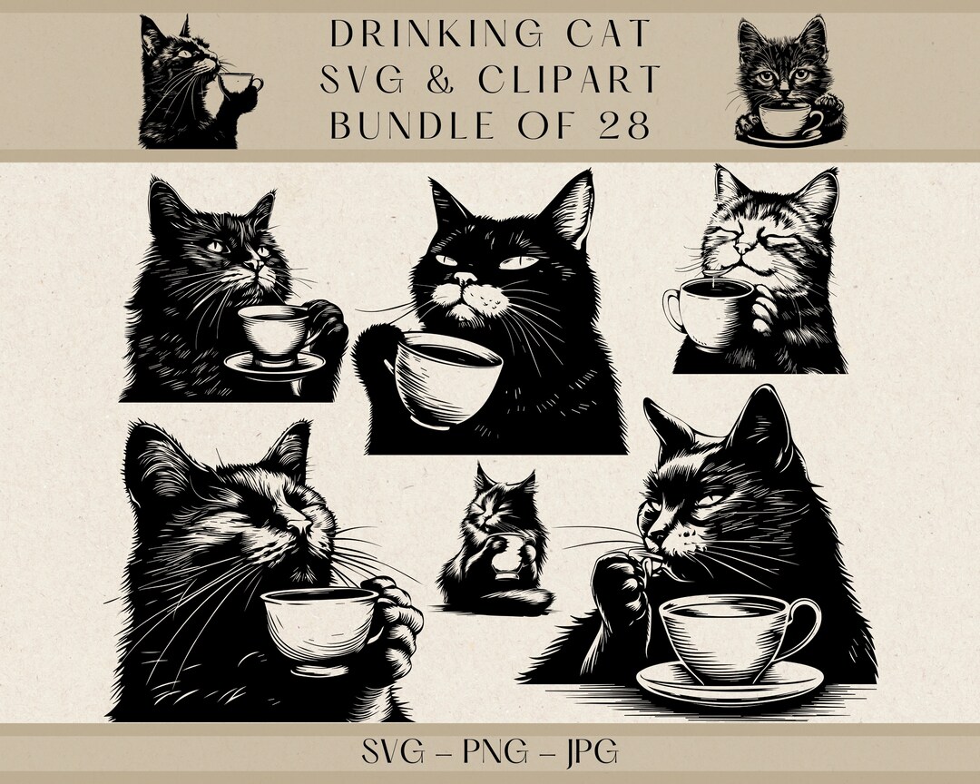 Drinking Cat Svg, Cat Svg, Cat Shirt Svg, Coffee Svg, Tea Svg, Drinking ...