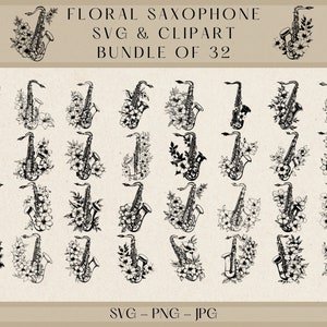 Floral Saxophone Svg, Floral Saxophone Clipart, Saxophone Svg ...