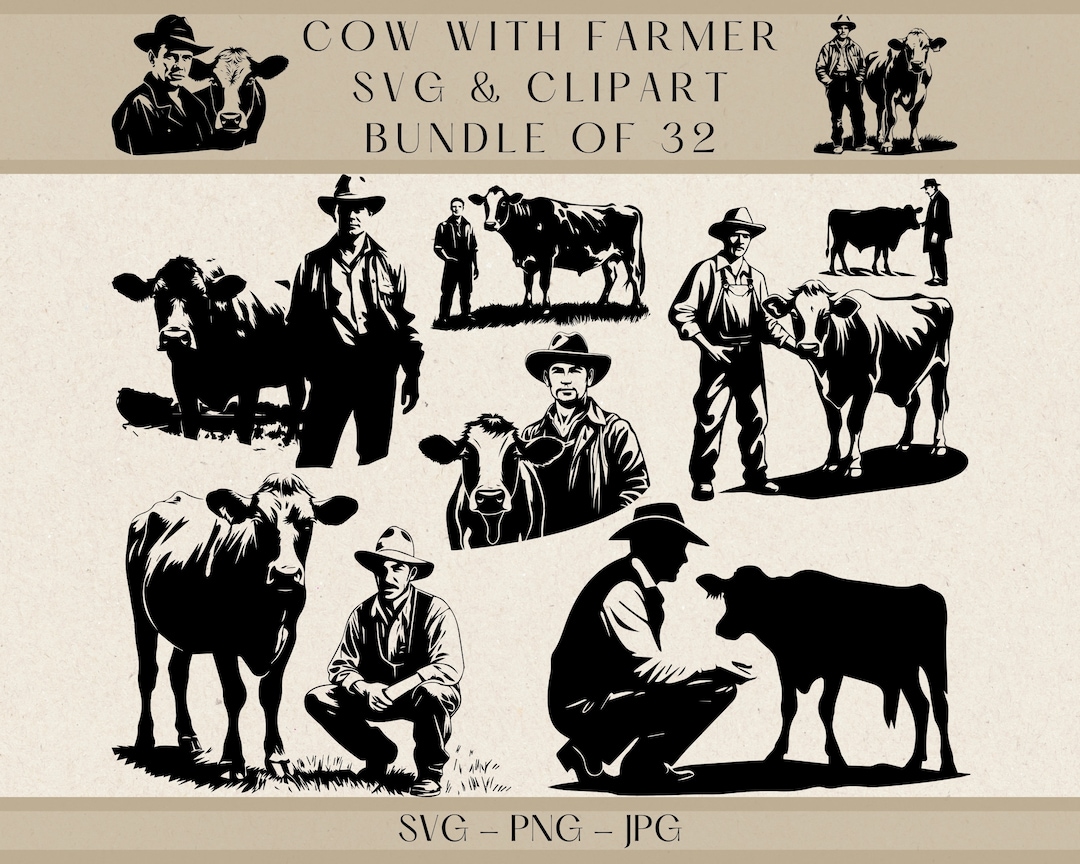 Cow With Farmer Svg, Cow Svg, Cow Png, Cow Clipart, Cow Vector, Cow ...