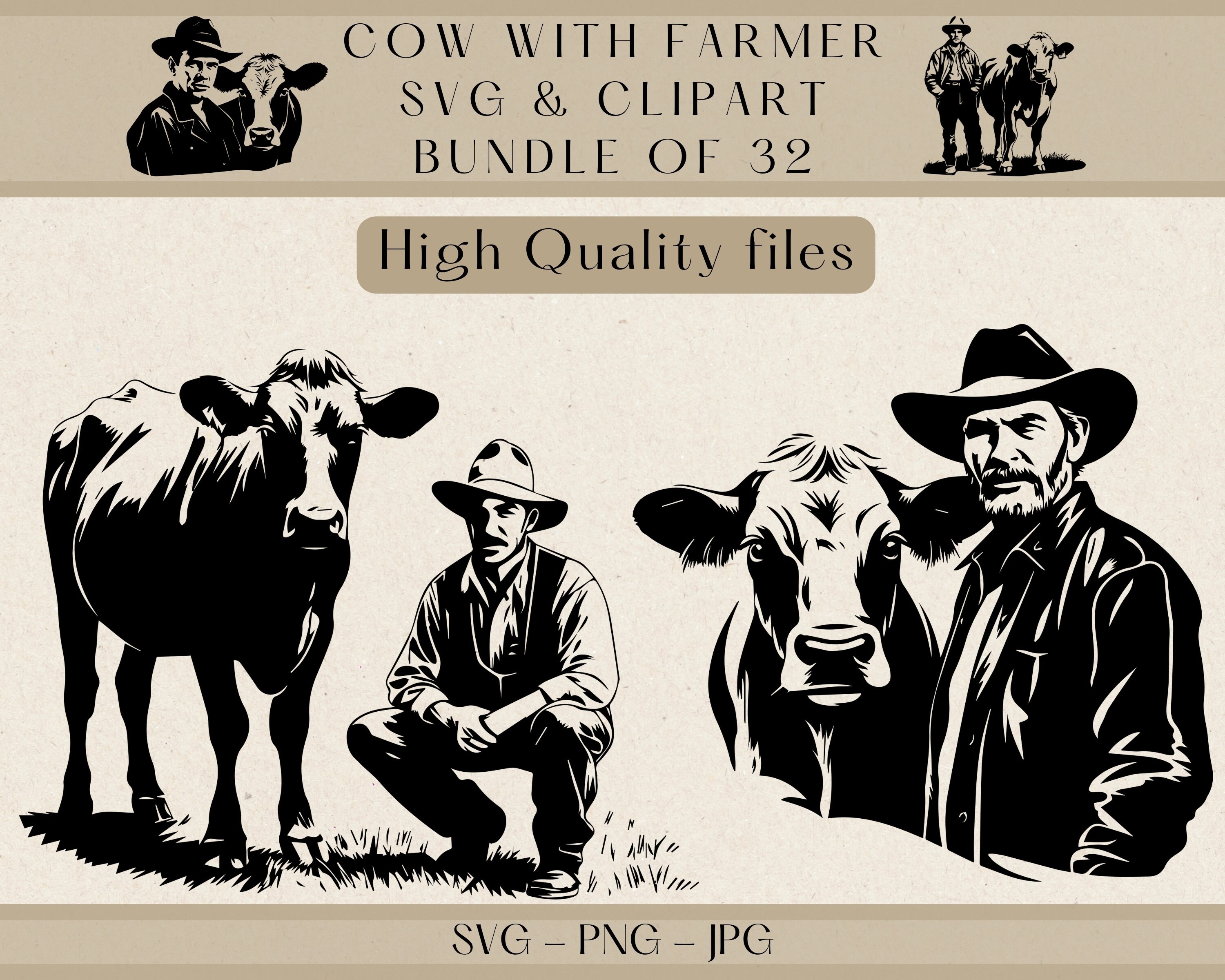 Cow With Farmer Svg, Cow Svg, Cow Png, Cow Clipart, Cow Vector, Cow ...
