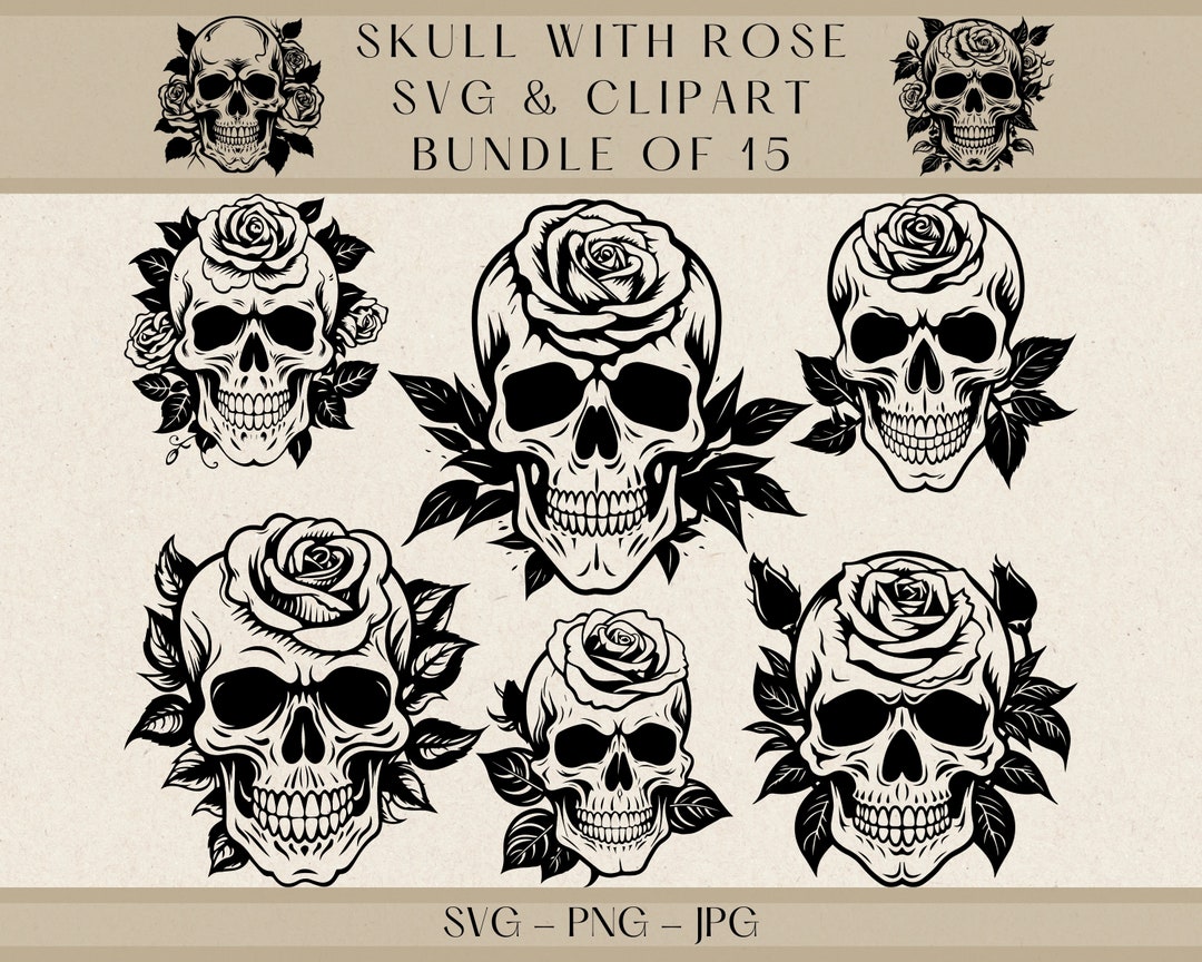 Skull With Rose Svg, Skull Svg, Rose Svg, Skull Clipart, Rose Clipart ...