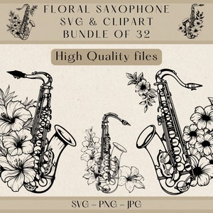 Floral Saxophone Svg, Floral Saxophone Clipart, Saxophone Svg ...