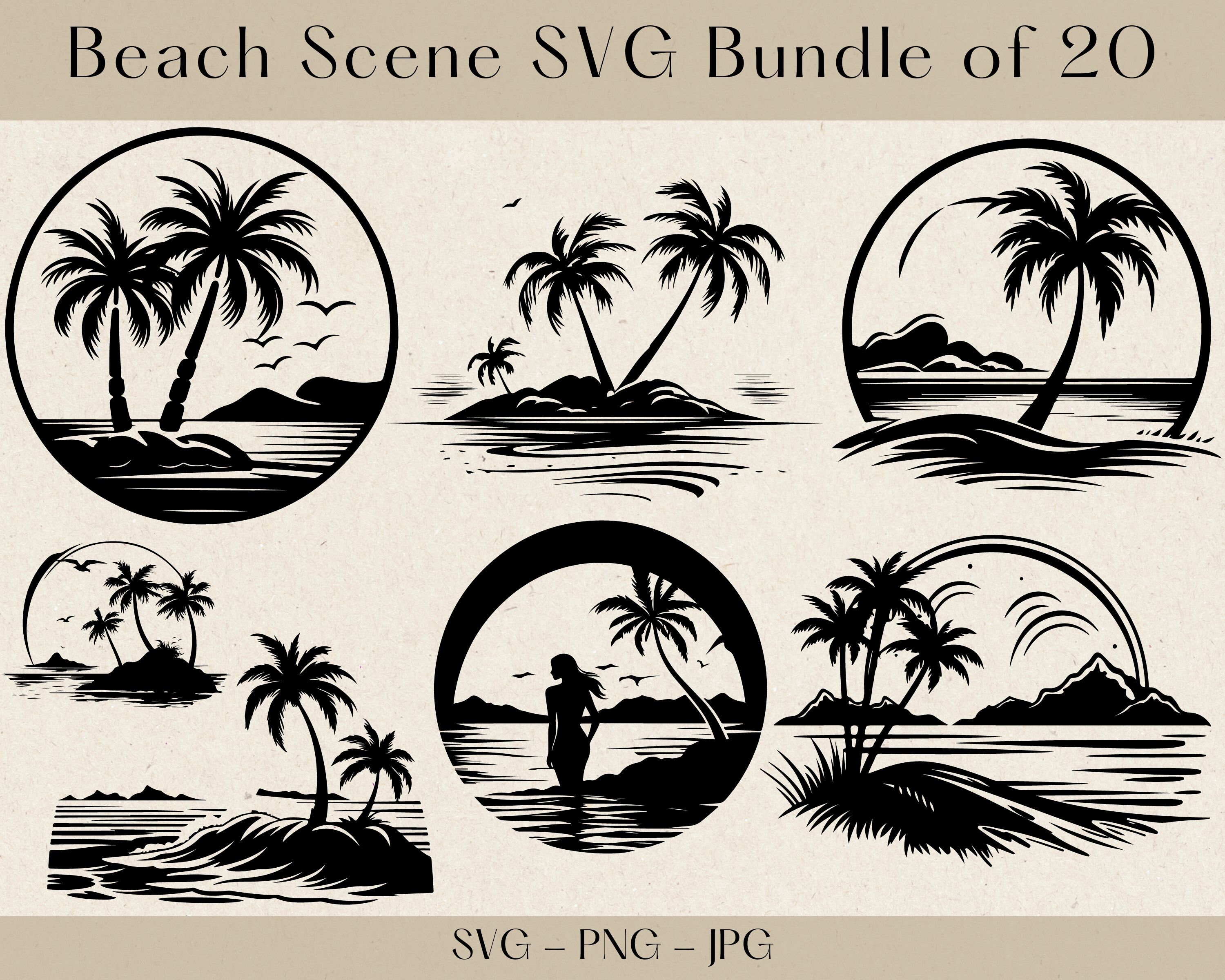 Strandszene SVG-Bundle, Strandszene svg, Palmen svg, Sunset Beach svg ...