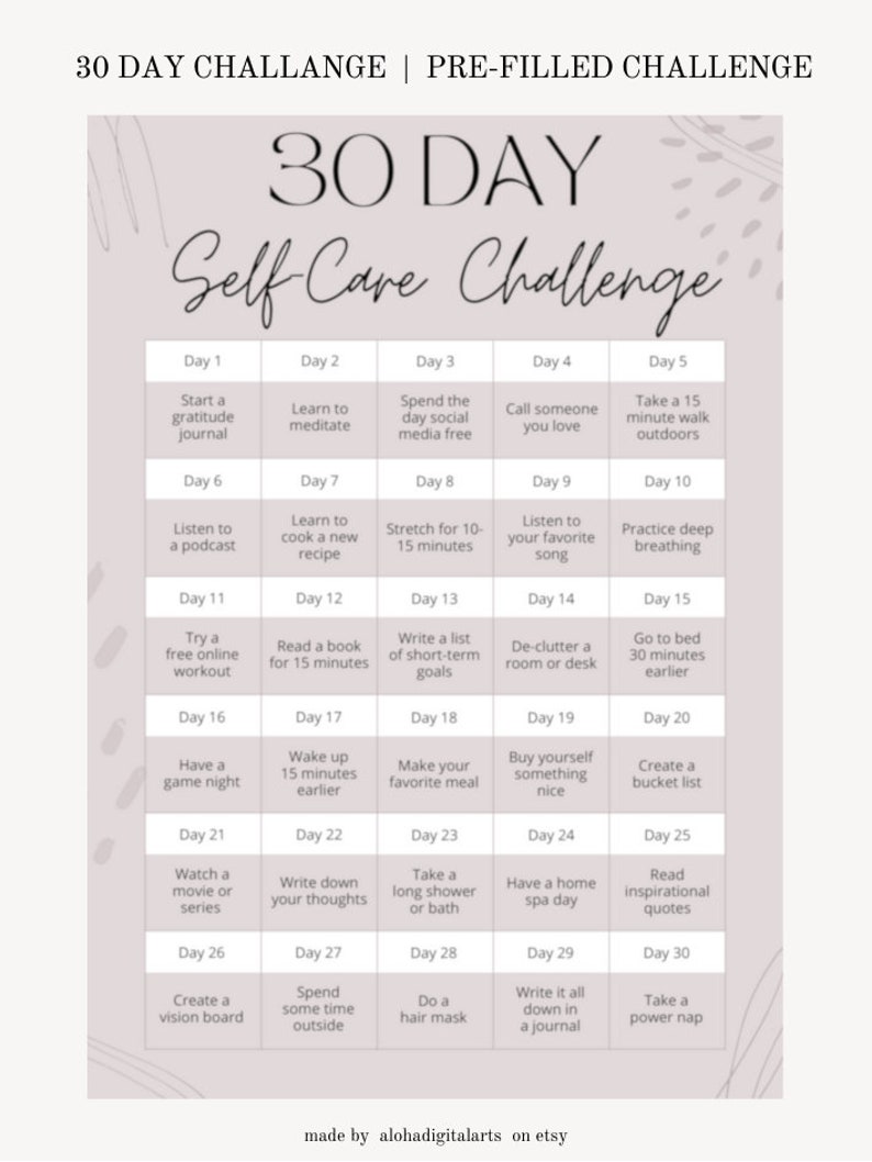 30 Days Self Care Challenge Printable, 30 Days of Self Love, Self Love Activities, 30 Day Self ...