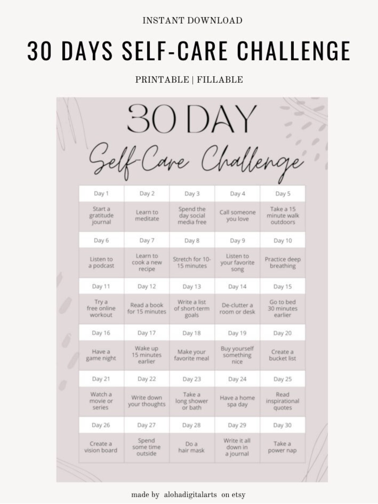 30 Days Self Care Challenge Printable, 30 Days of Self Love, Self Love ...