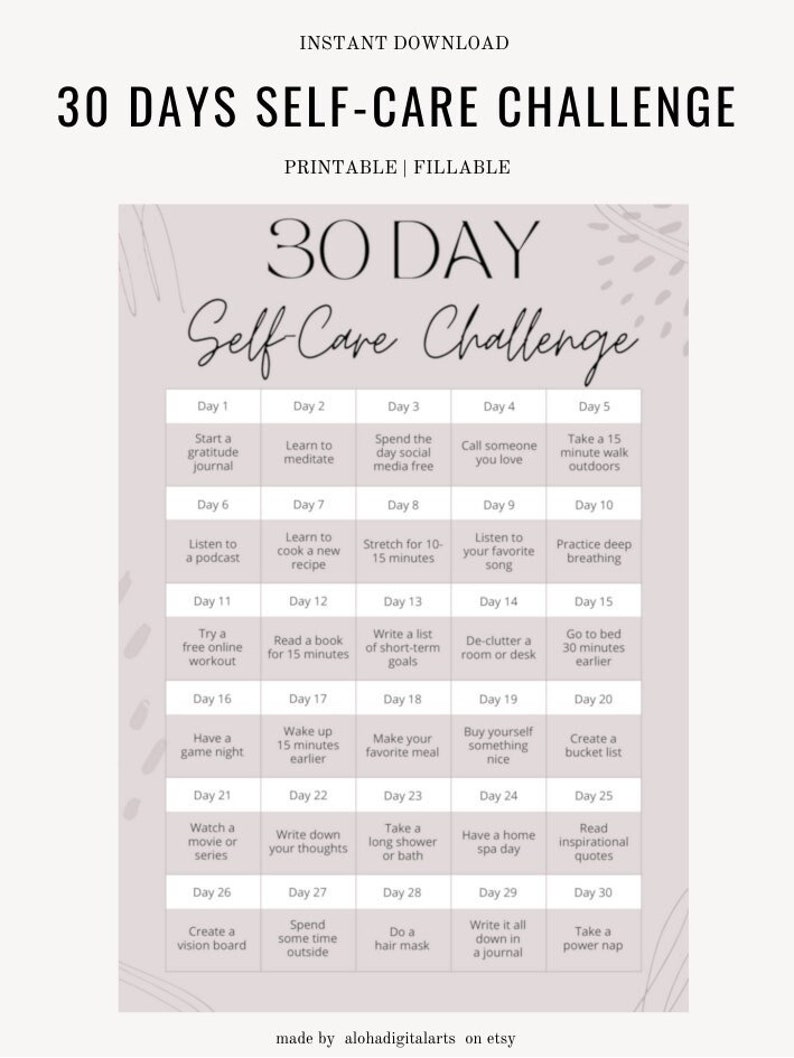 30 Days Self Care Challenge Printable, 30 Days of Self Love, Self Love ...
