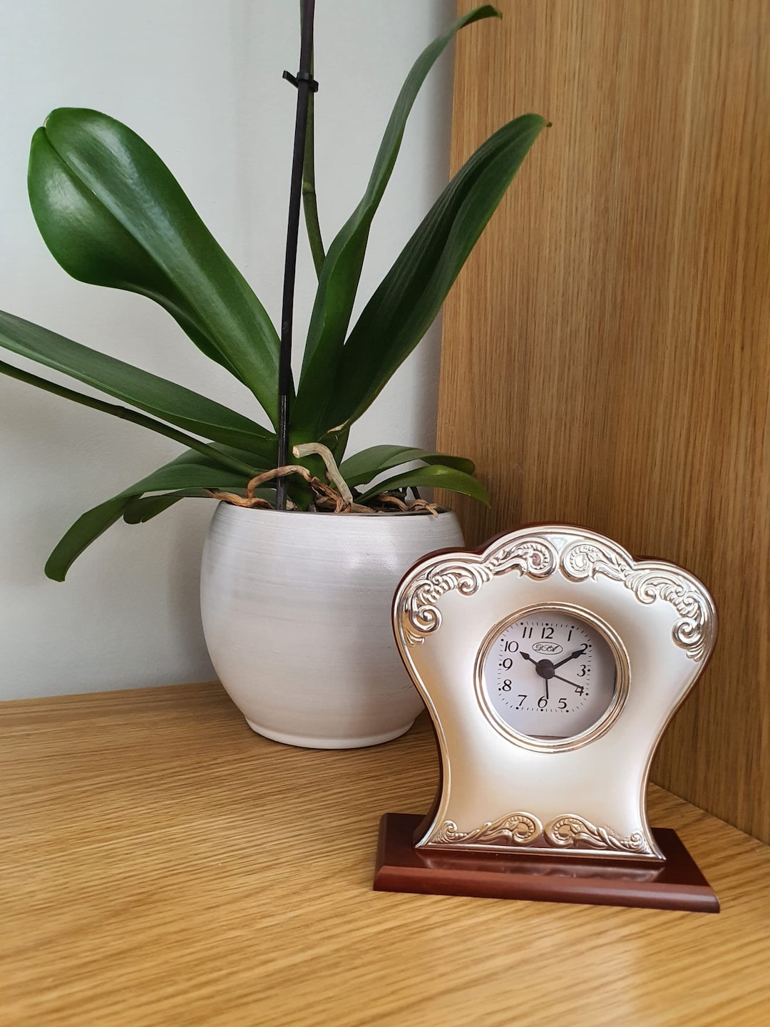 675/ORL - Solid Sterling Silver 925 CLOCK ALARM With Mahogany Wood Base ...