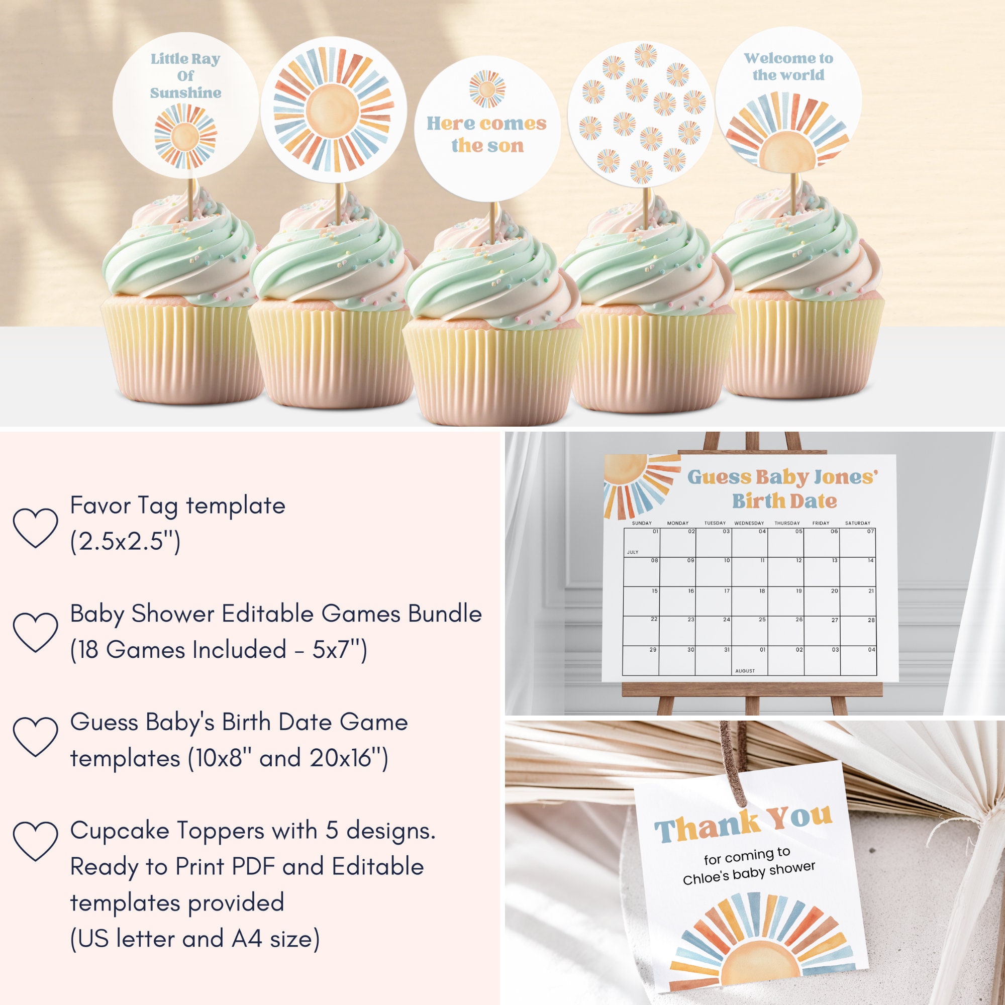 Sunshine Baby Shower Bundle, Here Comes the Son Baby Shower, Sun Baby ...
