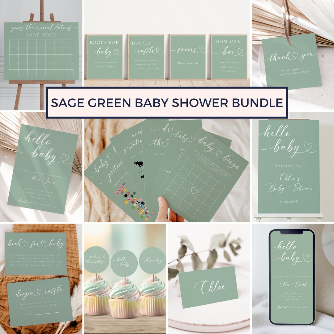 Sage Green Baby Shower Bundle, Hello Baby, Sage Invitation Bundle ...