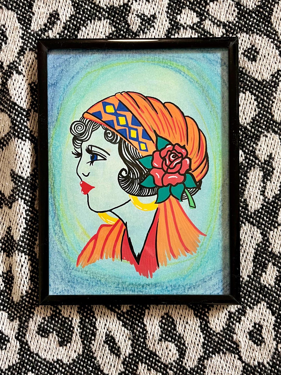 Vintage Romani Woman With Rose - Tattoo Flash Style 6x8 Framed Art ...