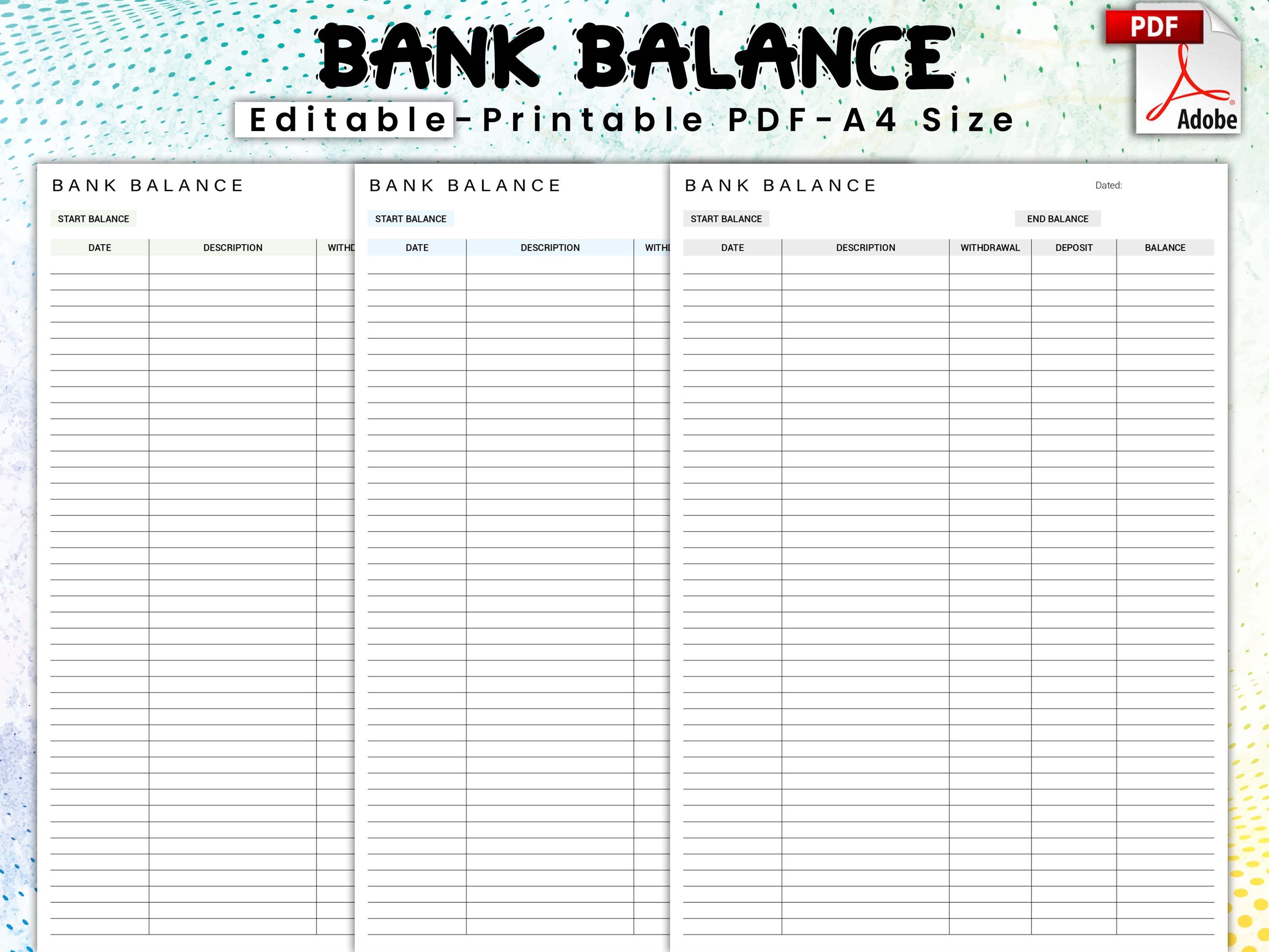 Bank Balance Templates, Financial Tracker, Account Balance Sheet, Money ...