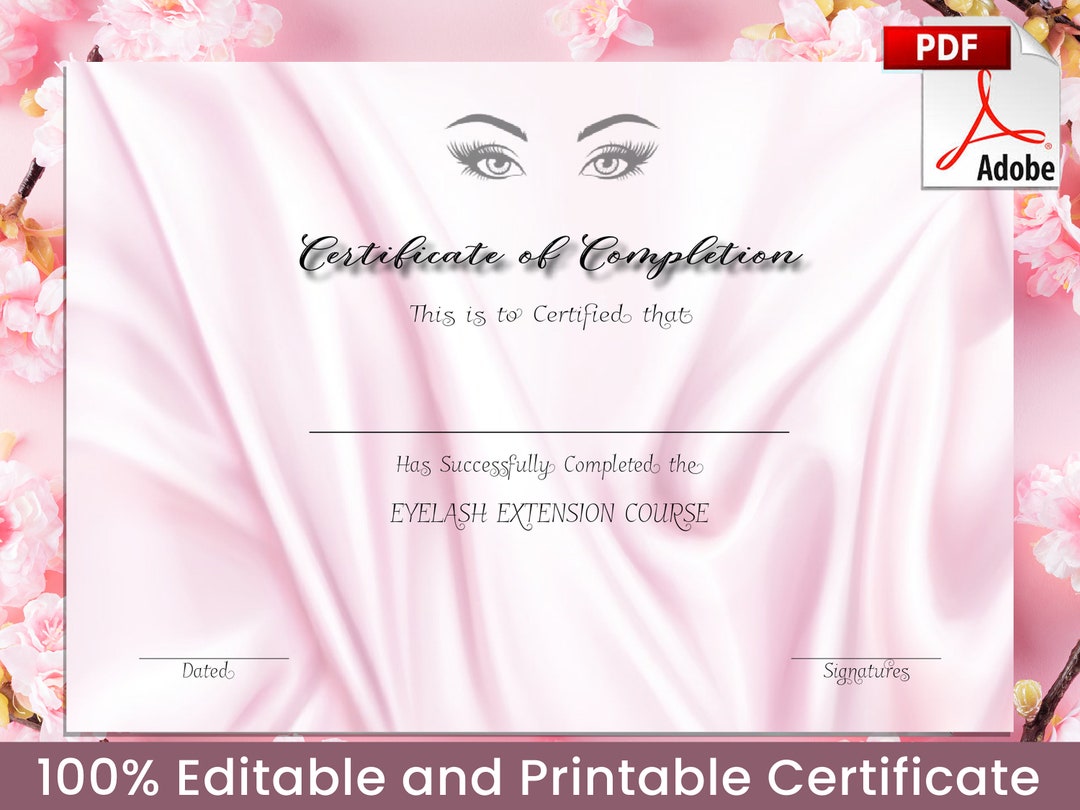 Certificate of Completion Eyelash, Eyelash Extension Course Certificate ...