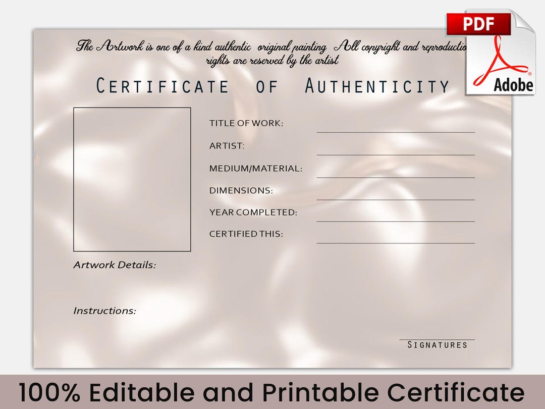 Editable Certificate of Authenticity for Artwork Template, Printable ...