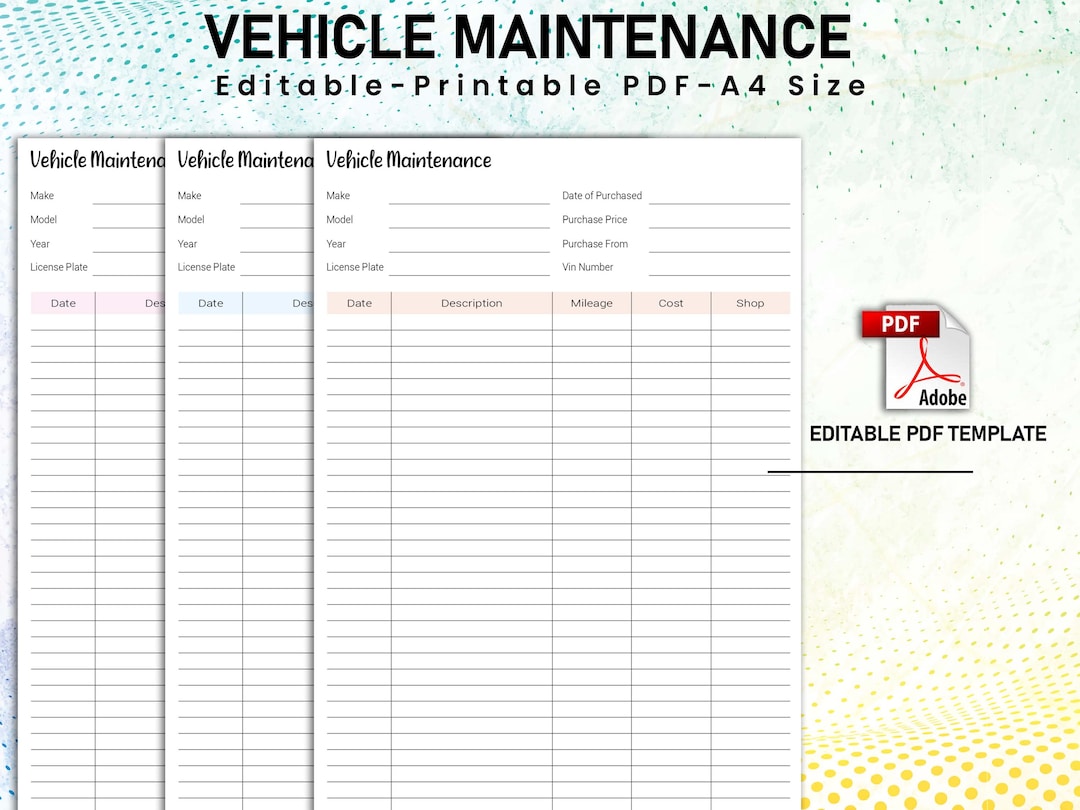 Vehicle Maintenance Template, Car Service Log, Auto Repair Tracker ...