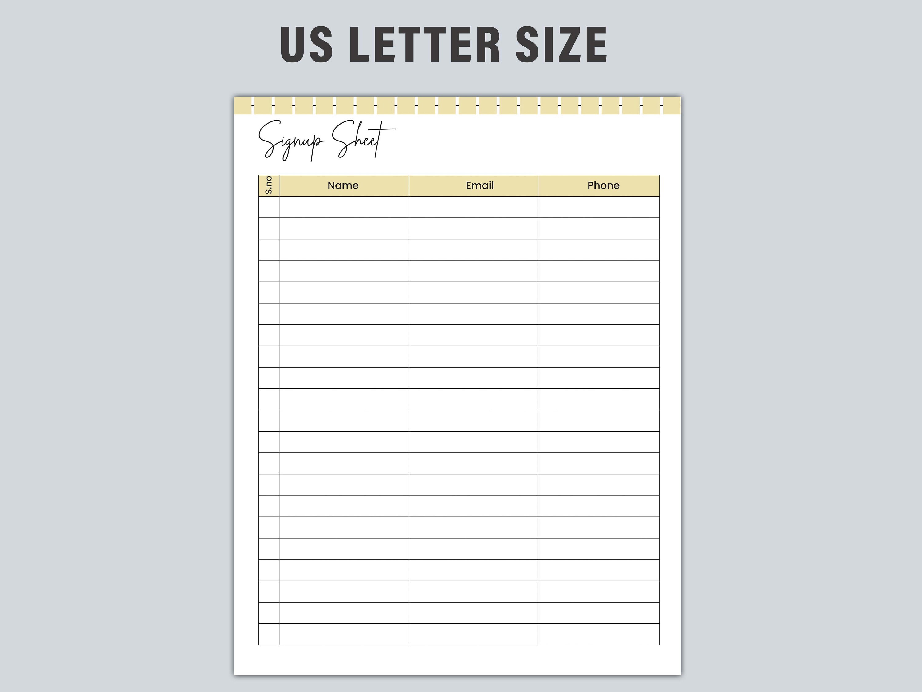 PRINTABLE Signup Sheet, Minimalist Sign up Sheet, PRINTABLE Sign Up ...