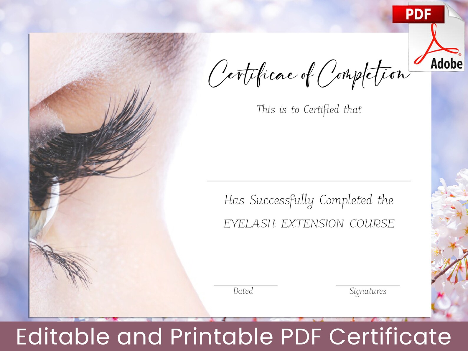 Certificate of Completion Eyelash, Eyelash Extension Course Certificate ...