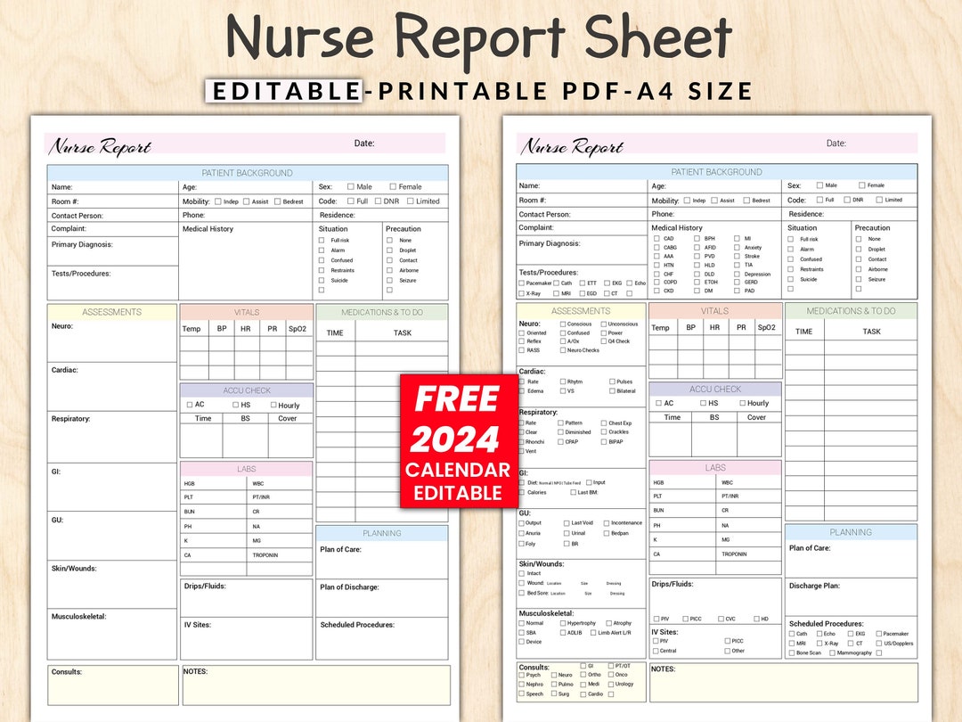 Editable Nursing Report Sheet, Nurse Brain Sheet, Printable Nurse ...