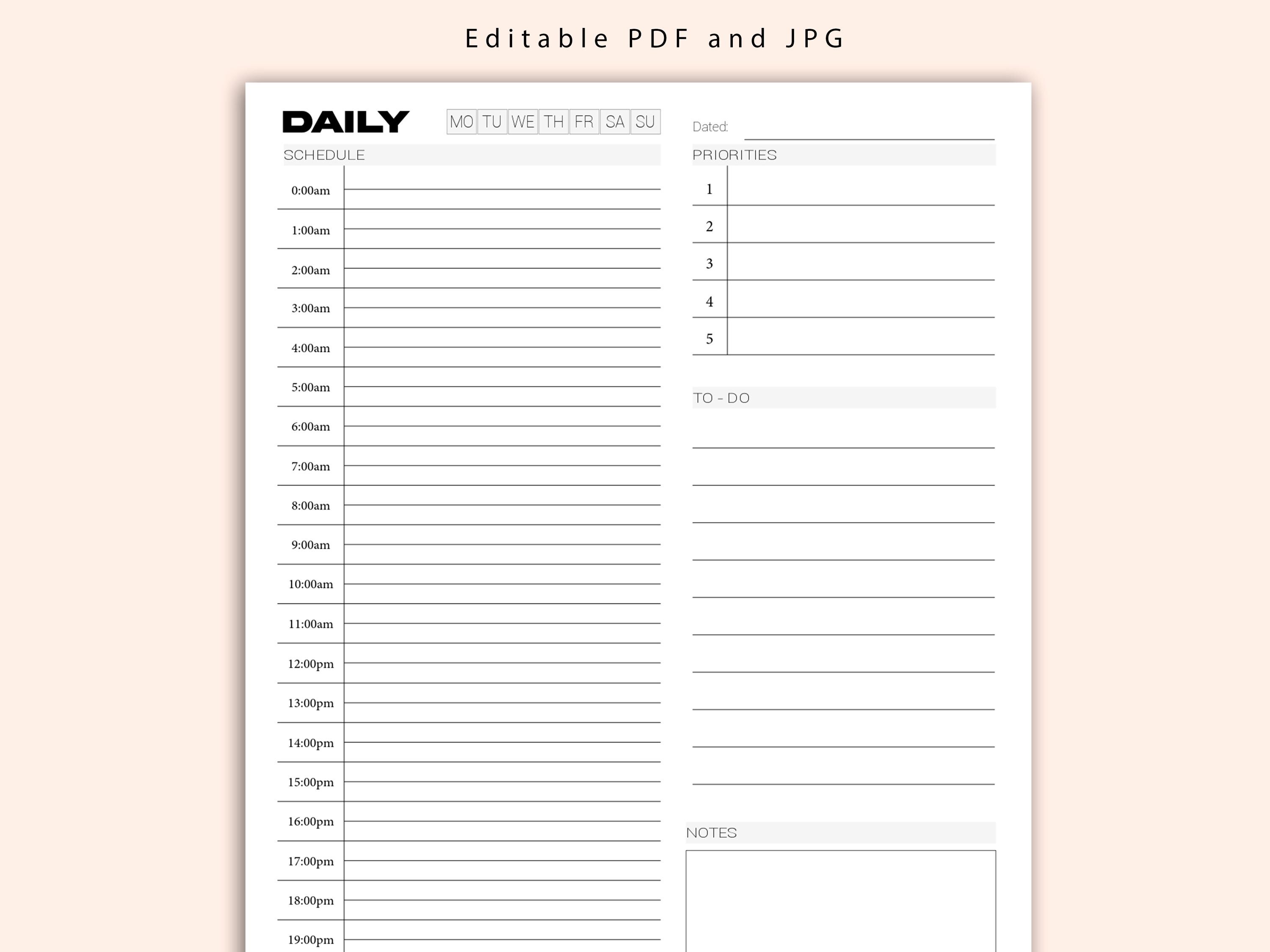 24 Hour Planner Daily Time Planner Hourly Schedule Planner Daily Agenda ...