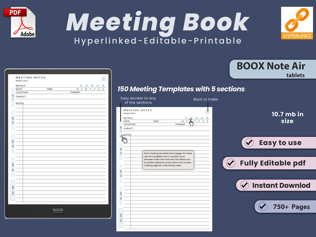 BOOX Note Air Templates, Meeting Book, Meeting Notes, Hyperlinked PDF ...