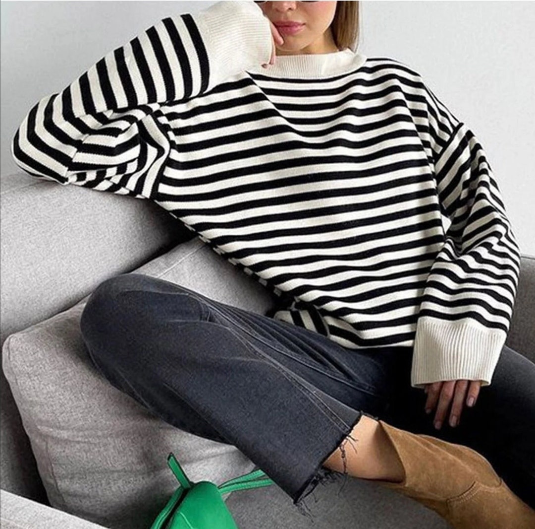 Preppy Oversized Sweater, Horizontal Striped Loose-fit Sweater, Elegant ...