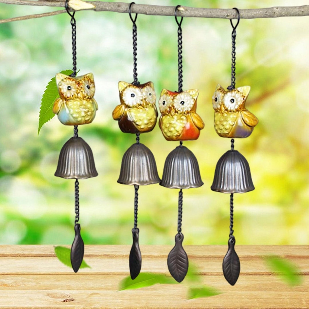 Set Ceramic Owls Windchime, Modern Garden Art, Metal Wind Bell ...
