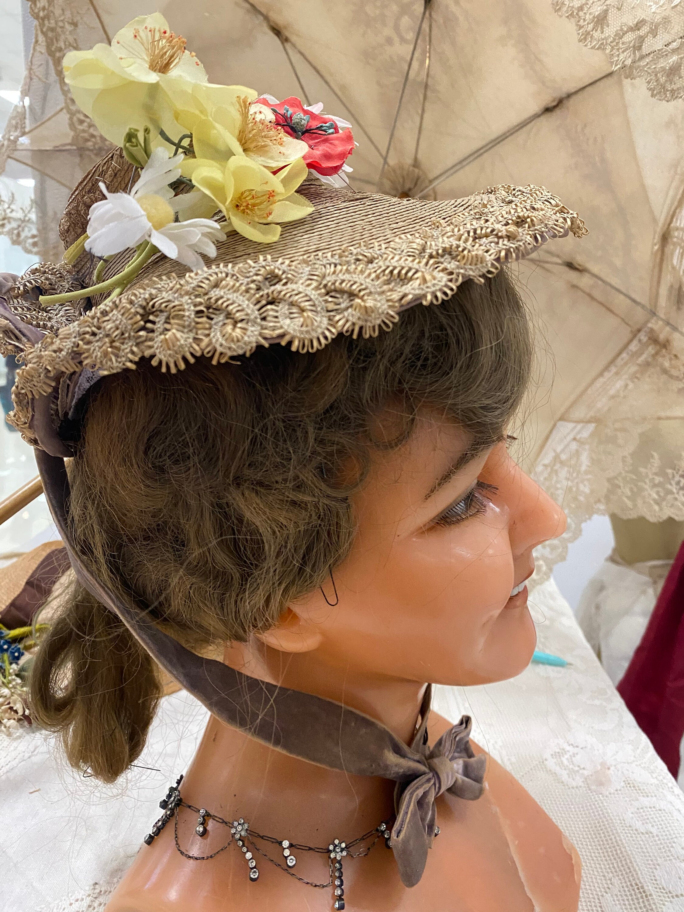 Antique Lady's Straw Hat, 1880, Europe. the Beautiful Hood is Decorated ...