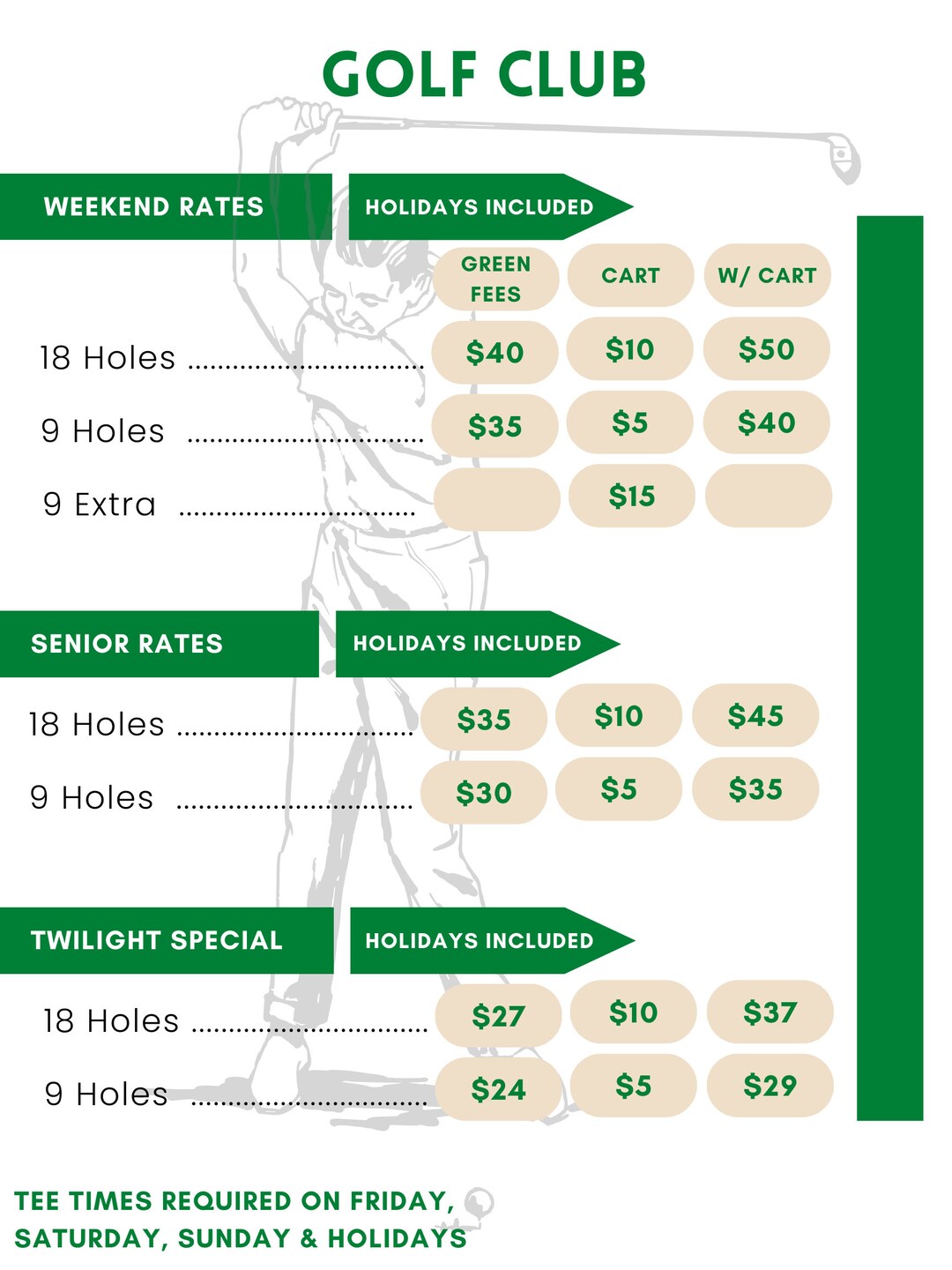 Golf Course/club Rates Template/menu - Etsy