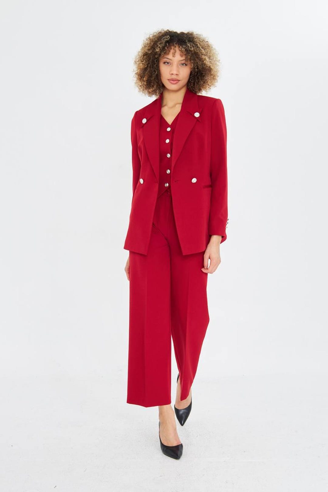 Red 3 Piece Suit for Women, Business Suit, Women Suit With Vest, Wide ...