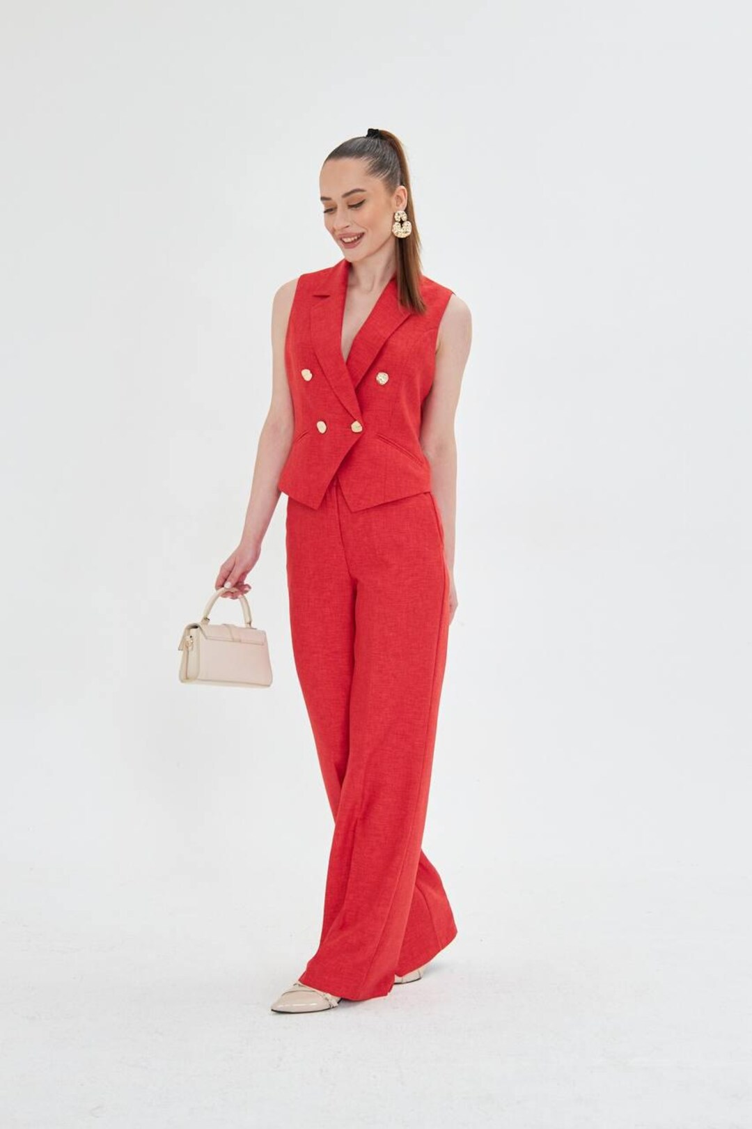Red Women Suit Set of Linen Vest & Linen Pants Summer Matching 2 Two ...