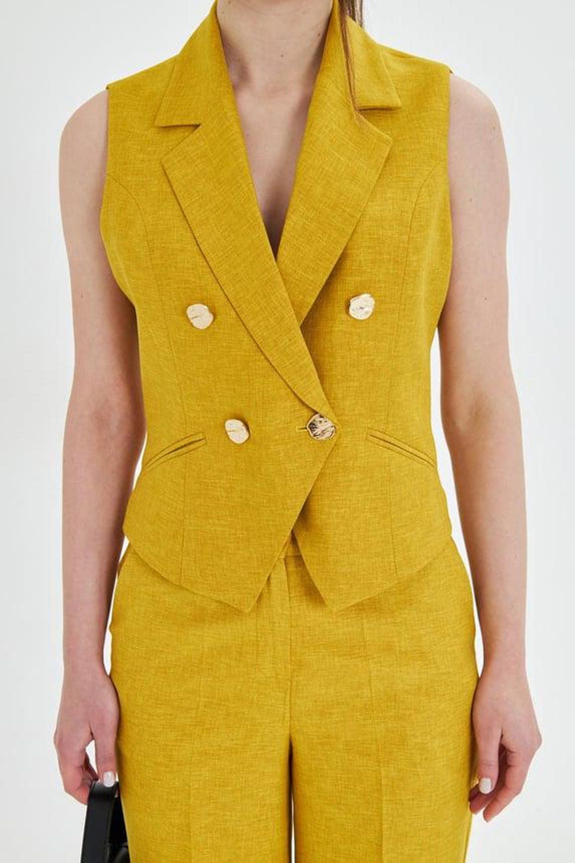 Yellow Women Suit Set of Linen Vest & Linen Pants Summer Matching 2 Two ...