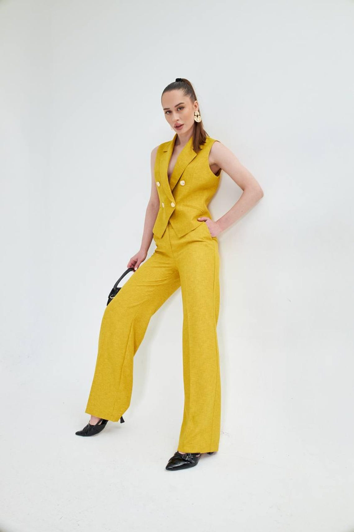 Yellow Women Suit Set of Linen Vest & Linen Pants Summer Matching 2 Two ...