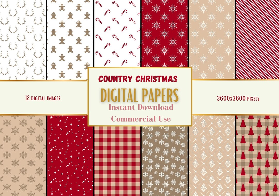 Country Christmas Patterns Digital Papers Background, Seamless Patterns ...