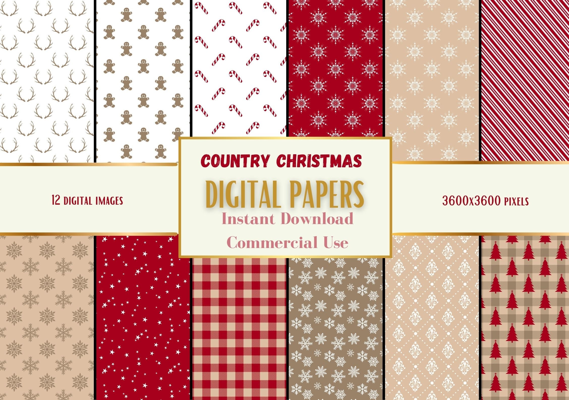 Country Christmas Patterns Digital Papers Background, Seamless Patterns ...