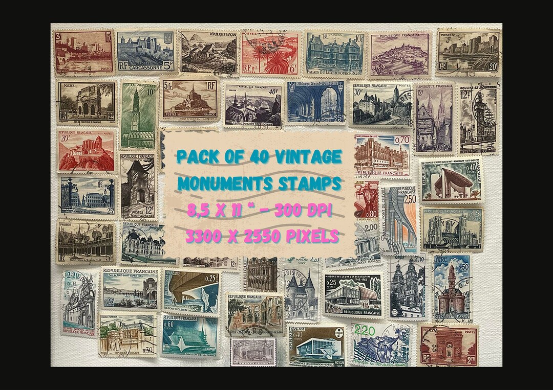 Vintage Sheet of 40 Stamps Monuments to Print Commercial Use Digital ...