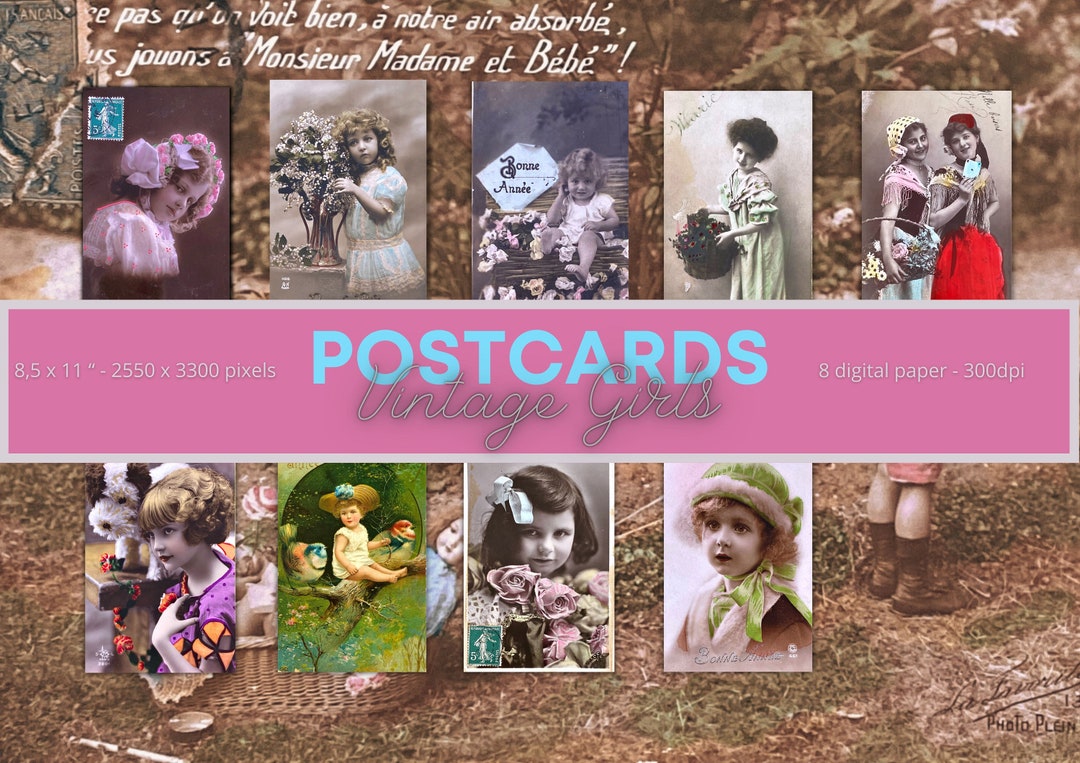 Postcards Vintage Girls Printable Commercial Use Digital Download ...