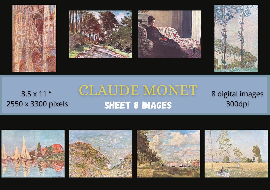 Sheet of 8 Images CLAUDE MONET to Print Commercial Use Digital Download ...