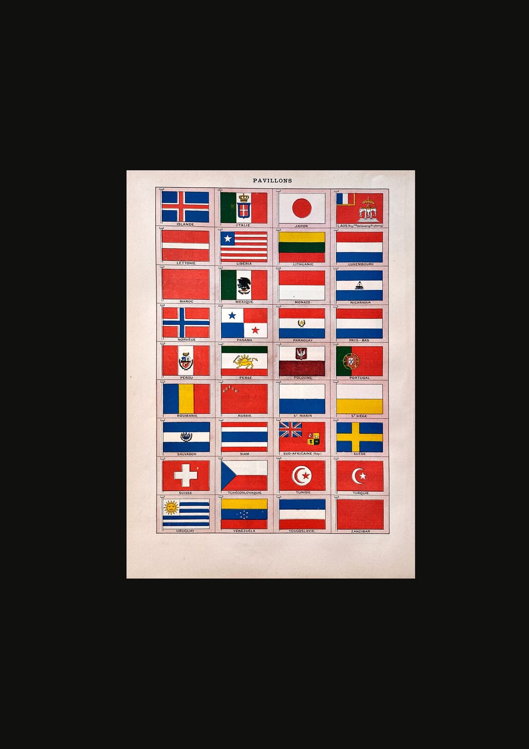 Antique 1922 Original Larousse Board, Pavilions Flags, Original Litho ...