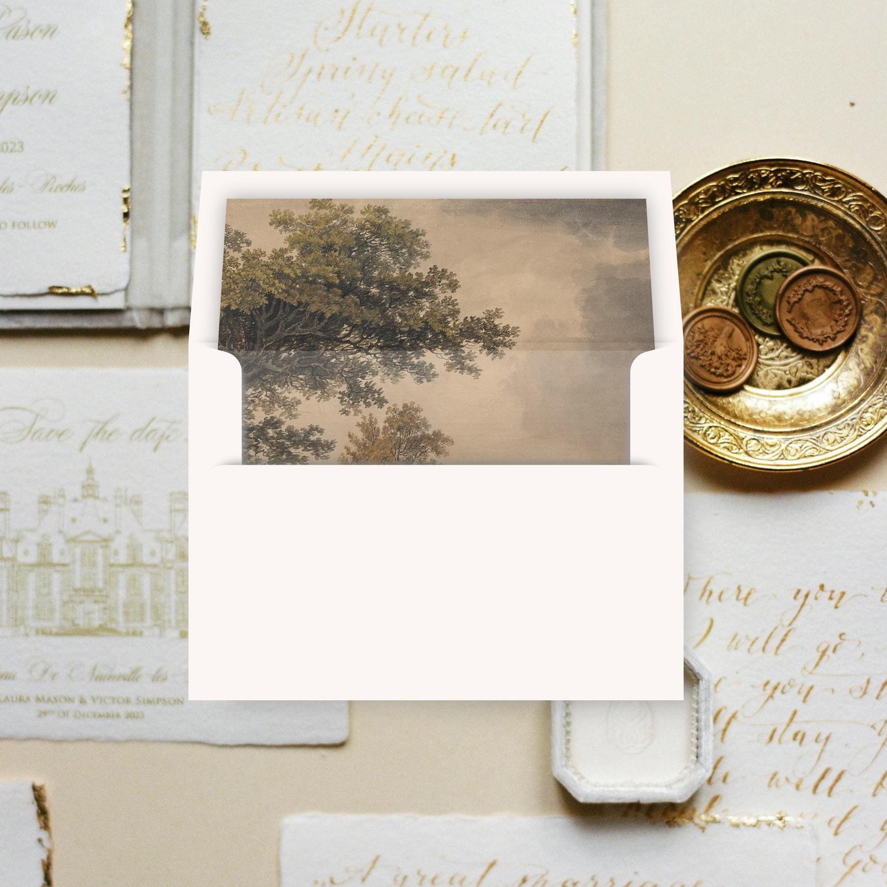 Vintage Landscape Envelope Liner Template: Romantic Countryside Wedding ...