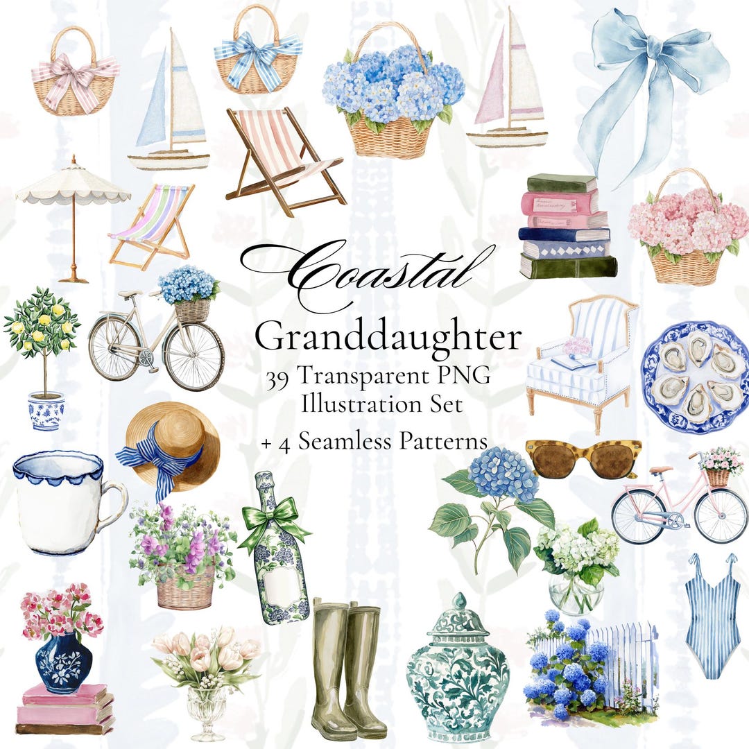 Coastal Grandmillennial Watercolor Clipart Set: 39 Pngs, 4 Seamless ...