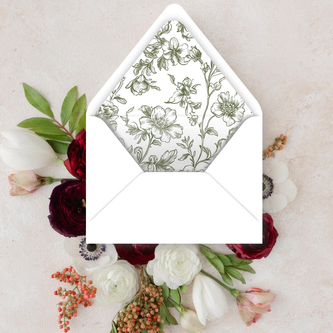 Green Toile Envelope Liner Template: Vintage Floral Wedding Insert ...