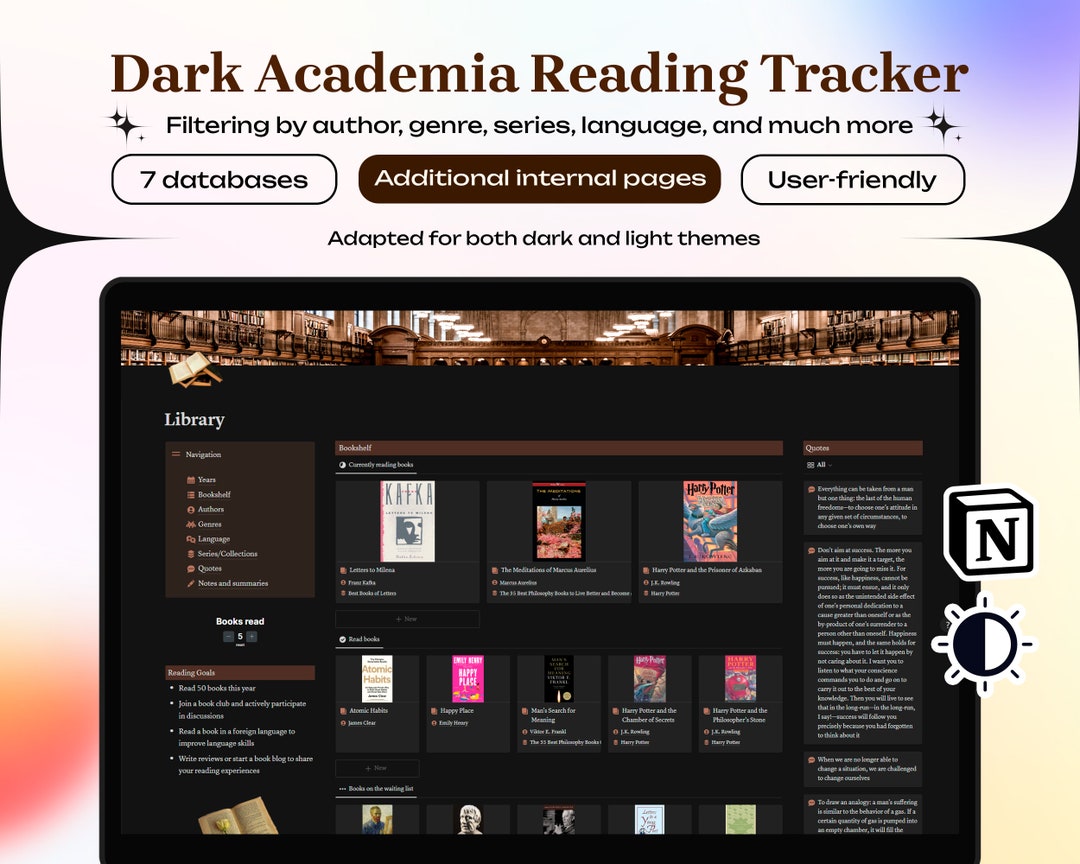 Book Tracker Notion Planner | Reading Tracker Notion | Dark Academia ...