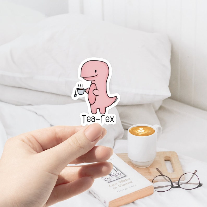 Tea-rex Sticker, Cute Pink Dinosaur Decal, Tea Lover Sticker for Tea ...