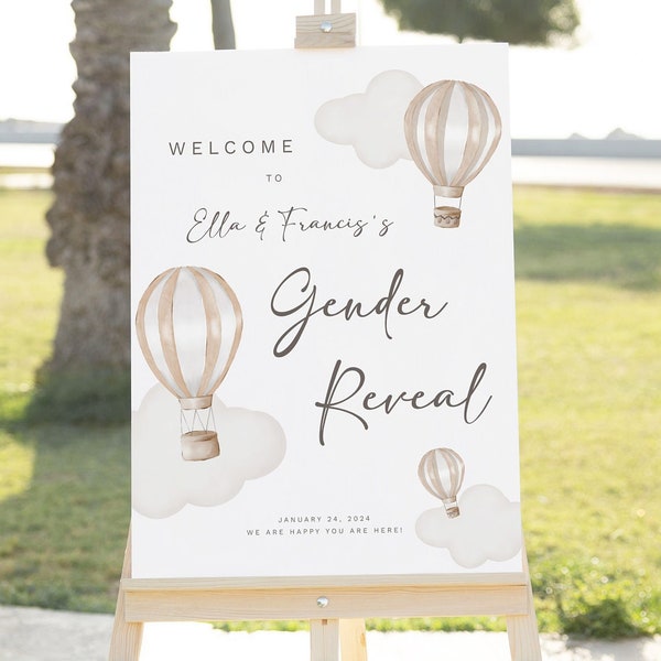 Editable Cream Hot Air Balloons Gender Reveal Invitation Printable Boho ...