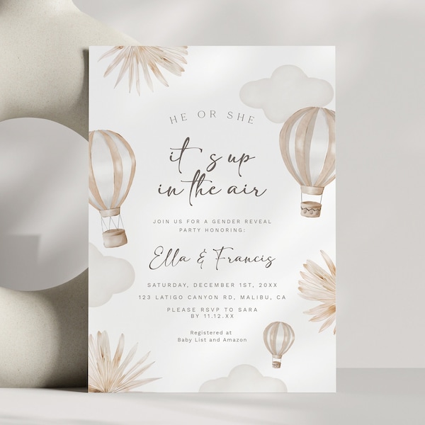 Editable Cream Hot Air Balloons Gender Reveal Invitation Printable Boho ...