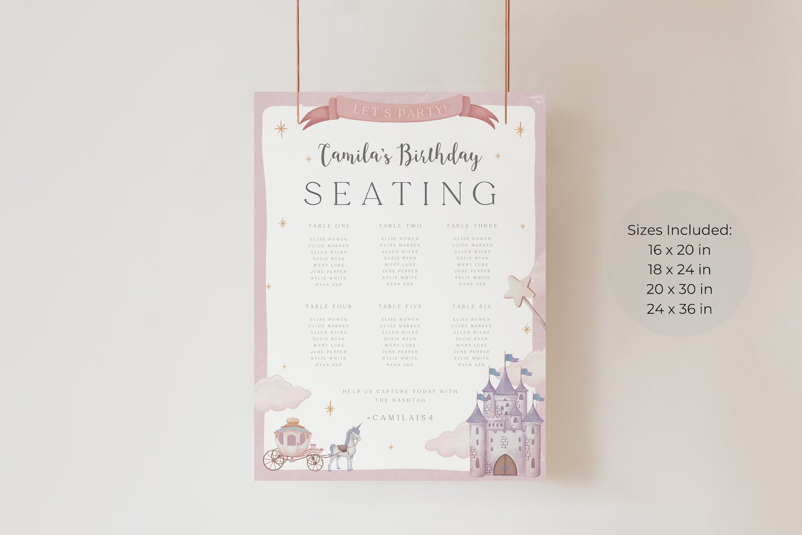 Printable Seating Chart Princess Birthday Editable Seating Plan Custom ...